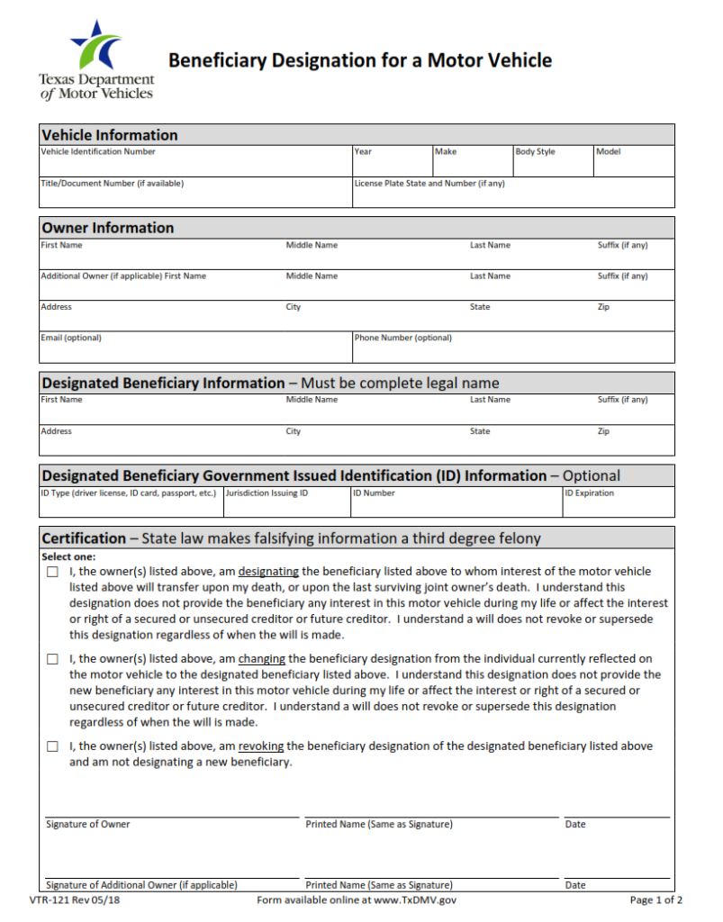 VTR-121 – Beneficiary Designation for a Motor Vehicle | Origin Form Studio