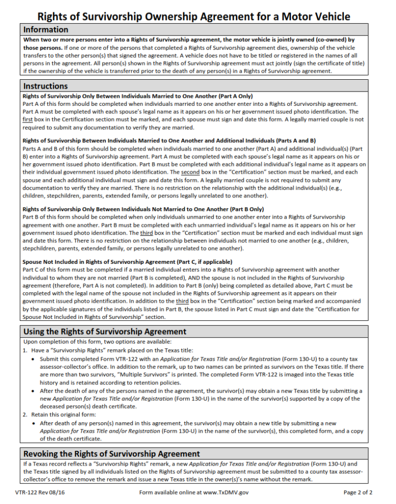 VTR-122 – Rights of Survivorship Ownership Agreement For a Motor ...