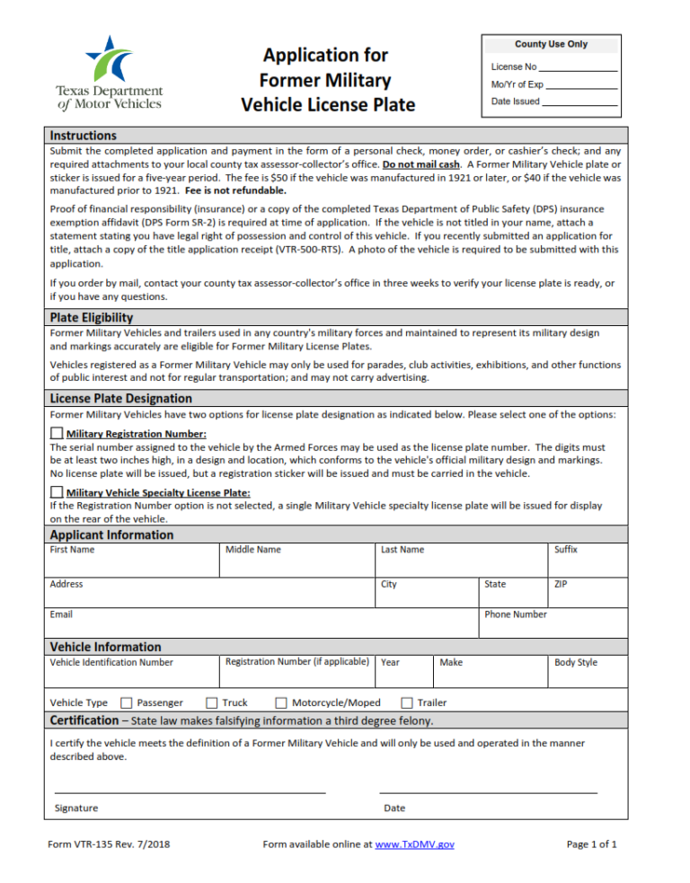 VTR-135 – Application for Former Military Vehicle License Plate ...