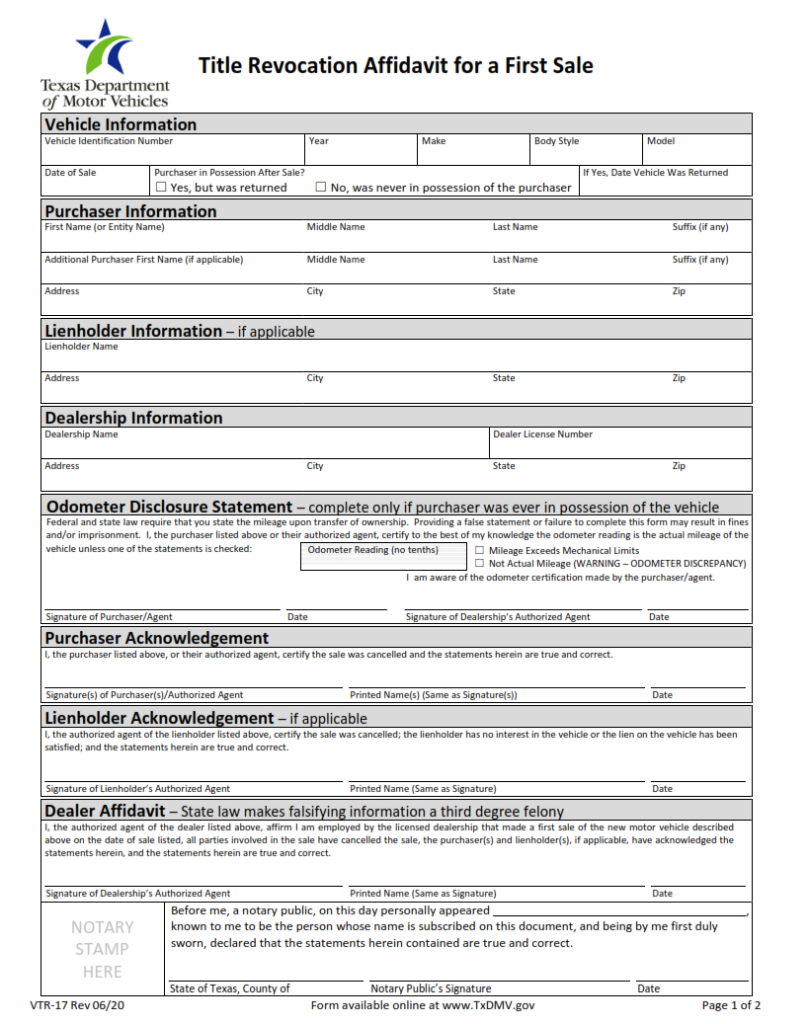 VTR-17 – Title Revocation Affidavit for a First Sale | Origin Form Studio