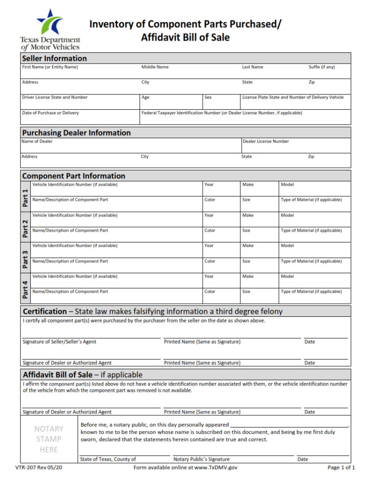 VTR-207 – Inventory of Component Parts Purchased/Affidavit Bill of Sale ...