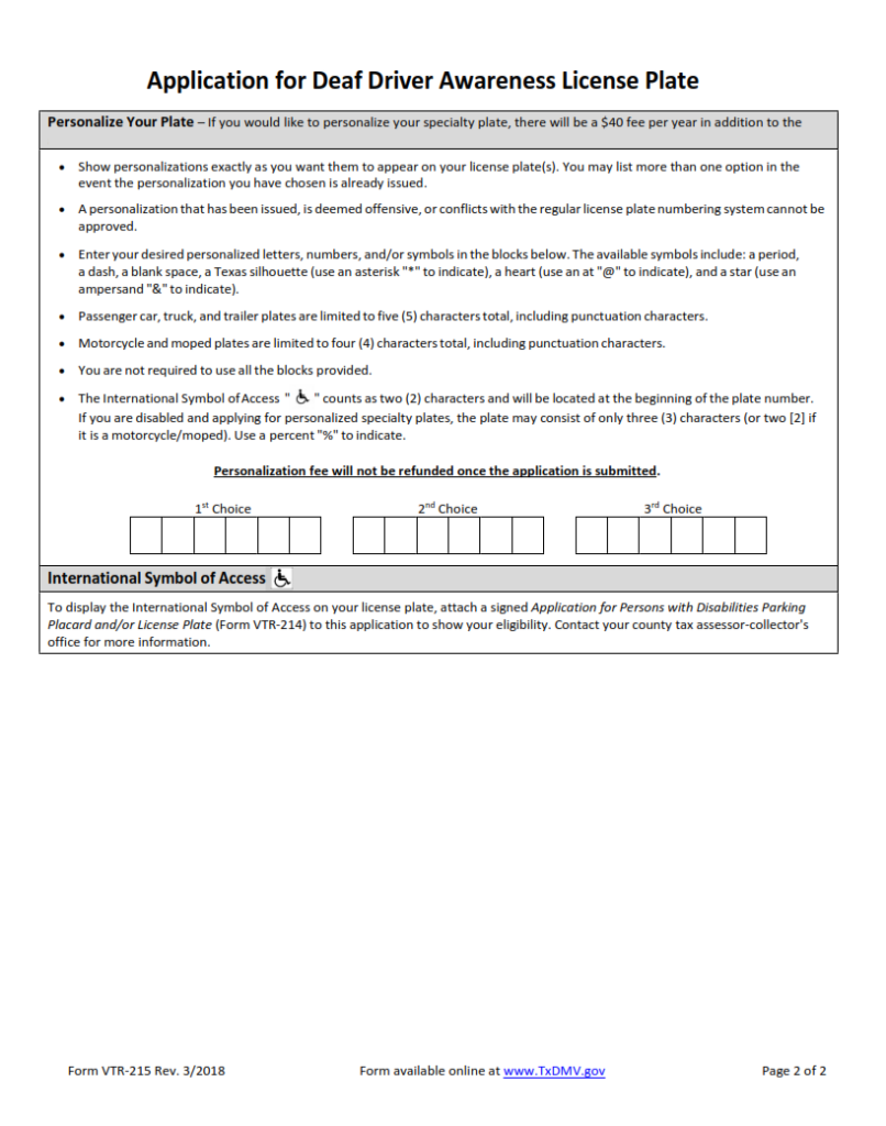VTR-215 – Application for Deaf Driver Awareness Specialty License Plate ...