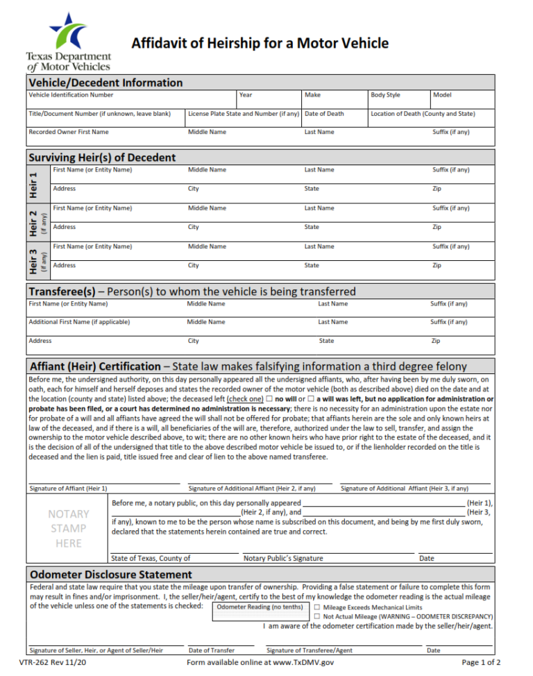 VTR-262 – Affidavit Of Heirship For A Motor Vehicle | Origin Form Studio