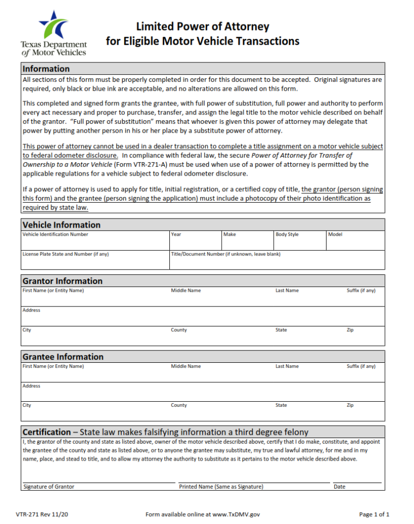 VTR-271 – Limited Power of Attorney for Eligible Motor Vehicle ...