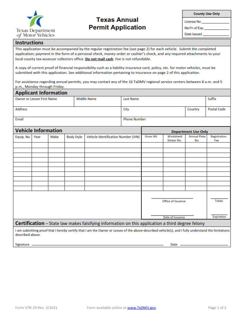 VTR-29 – Texas Annual Permit Application | Origin Form Studio