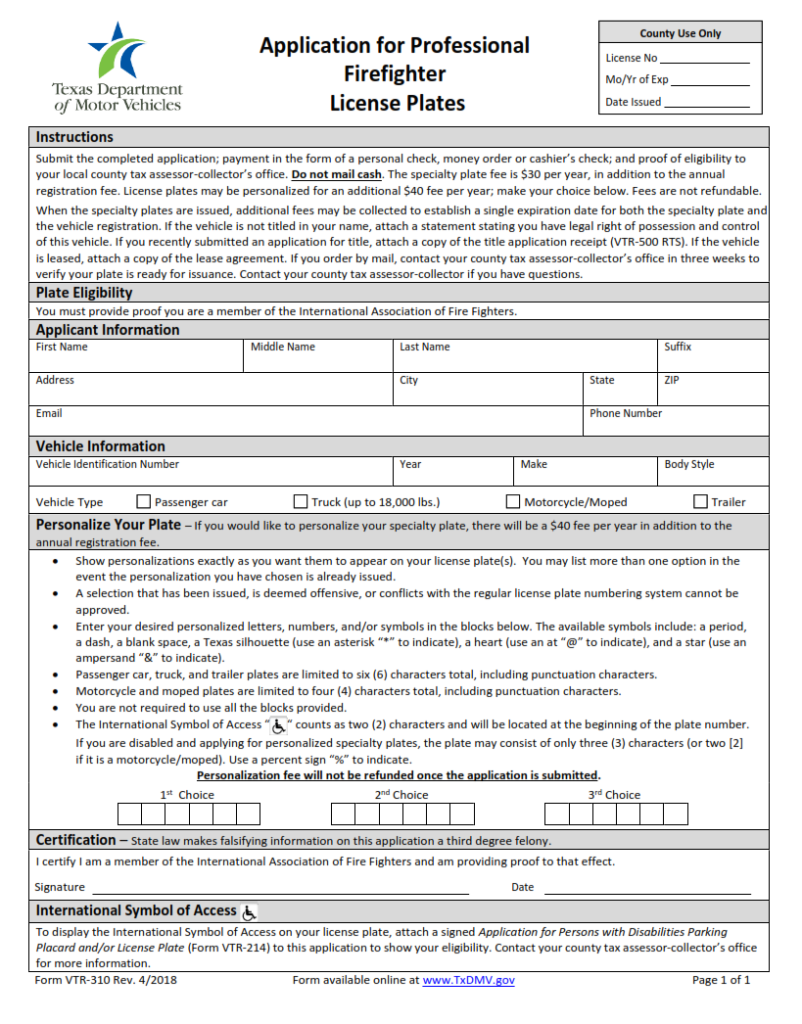 VTR-310 – Application for Professional Firefighter License Plates ...