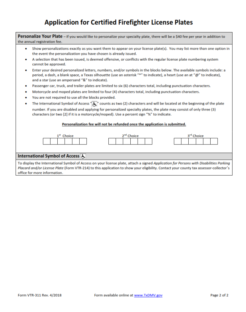 VTR-311 – Application for Certified Firefighter License Plates | Origin ...