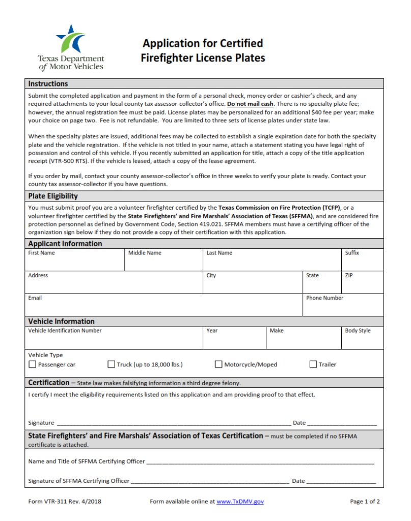 VTR-311 – Application for Certified Firefighter License Plates | Origin ...