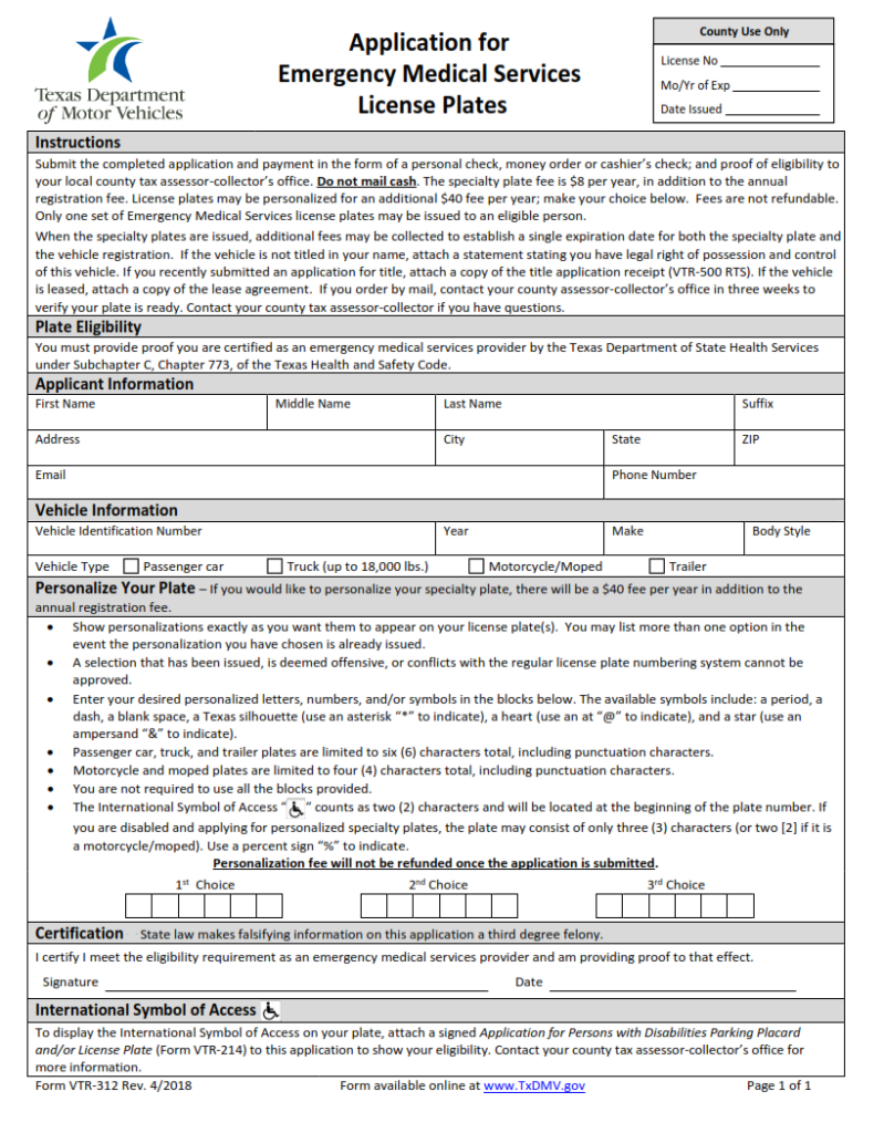 VTR-312 – Application for Emergency Medical Services License Plates ...