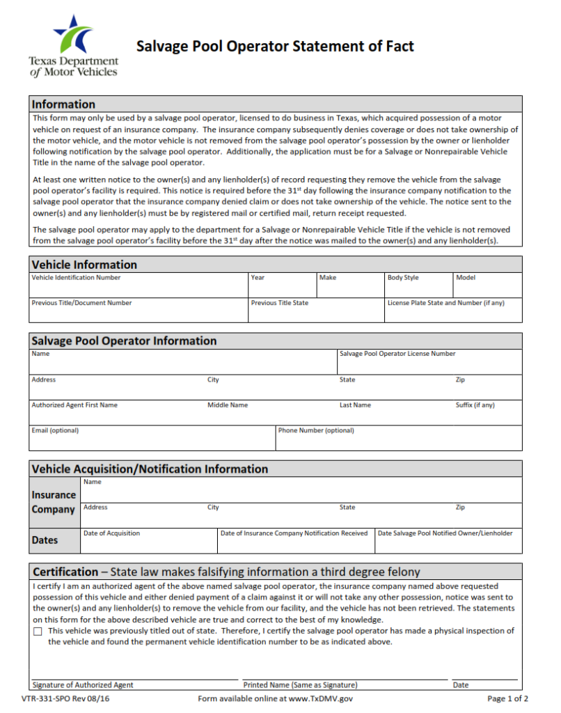 VTR-331-SPO – Salvage Pool Operator Statement of Fact | Origin Form Studio