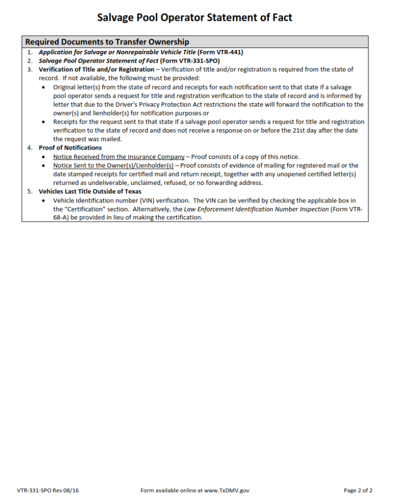 VTR-331-SPO – Salvage Pool Operator Statement of Fact | Origin Form Studio