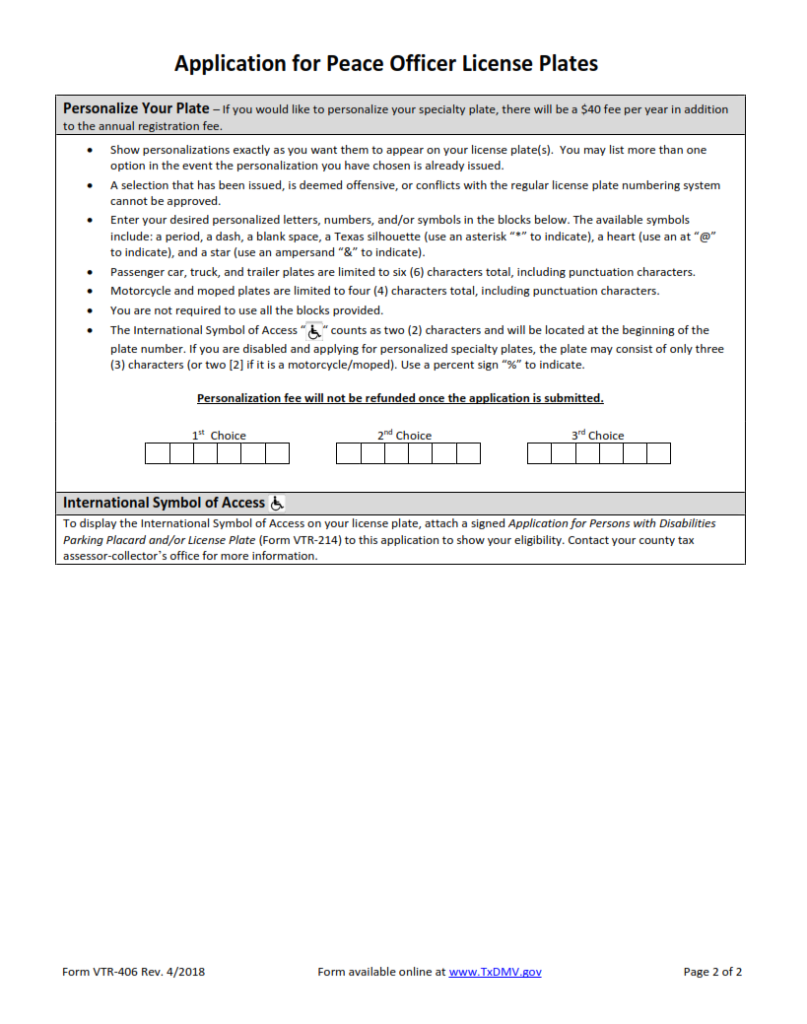 VTR-406 – Application for Peace Officer License Plates | Origin Form Studio