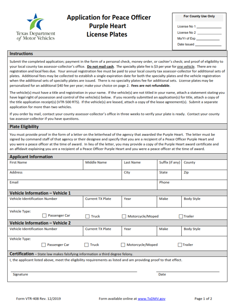 VTR-408 – Application for Peace Officer Purple Heart License Plate ...