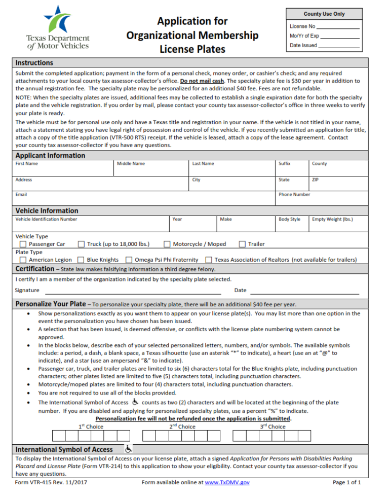 VTR-415 – Application for Organizational Membership License Plates ...