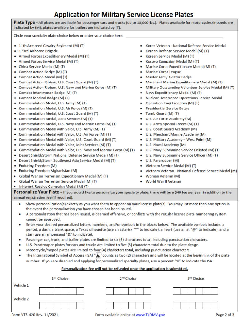 VTR-420 – Application for Military Service License Plates | Origin Form ...