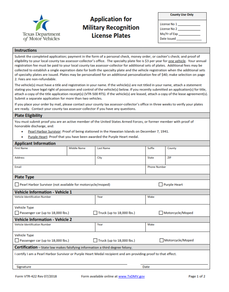 VTR-422 – Application for Military Recognition License Plates | Origin ...