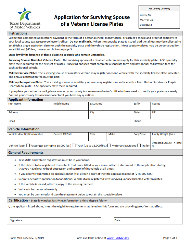 VTR-425 – Application for Surviving Spouse of a Veteran License Plates ...