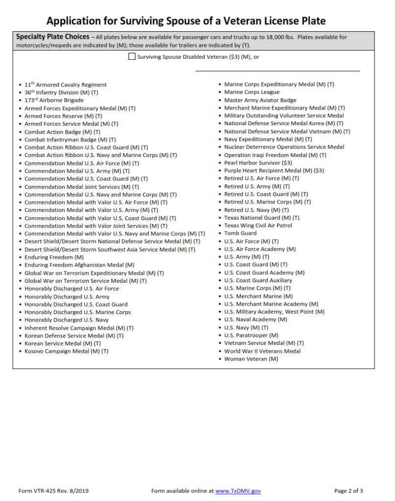 VTR-425 – Application for Surviving Spouse of a Veteran License Plates ...