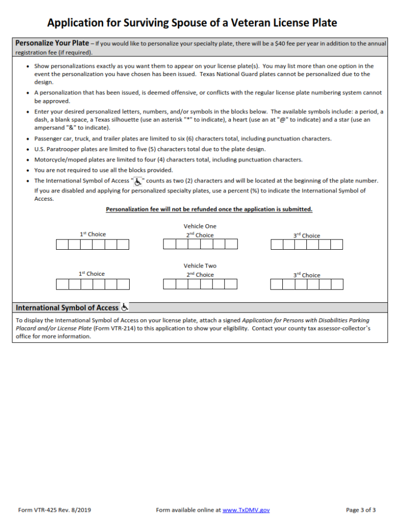 VTR-425 – Application for Surviving Spouse of a Veteran License Plates ...