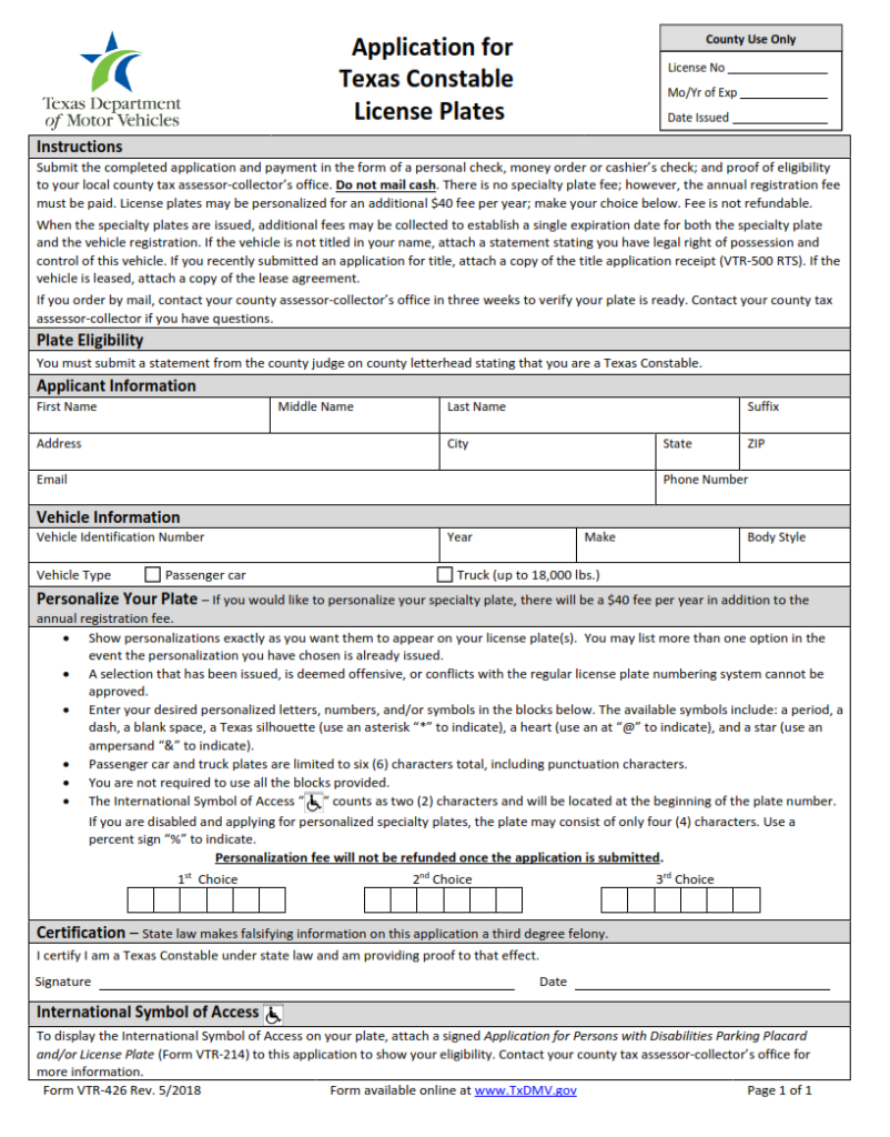 VTR-426 – Application for Texas Constable License Plates | Origin Form ...