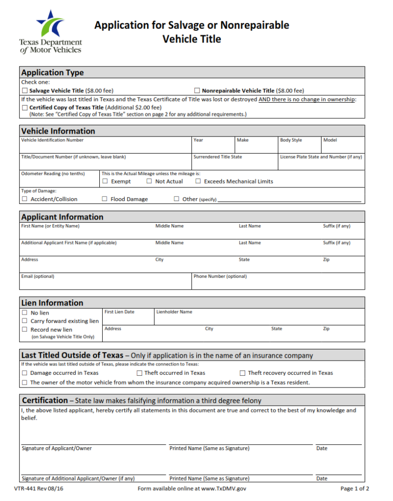 VTR-441 – Application For Salvage or Nonrepairable Vehicle Title ... VTR-441 – Application For Salvage or Nonrepairable Vehicle Title ...