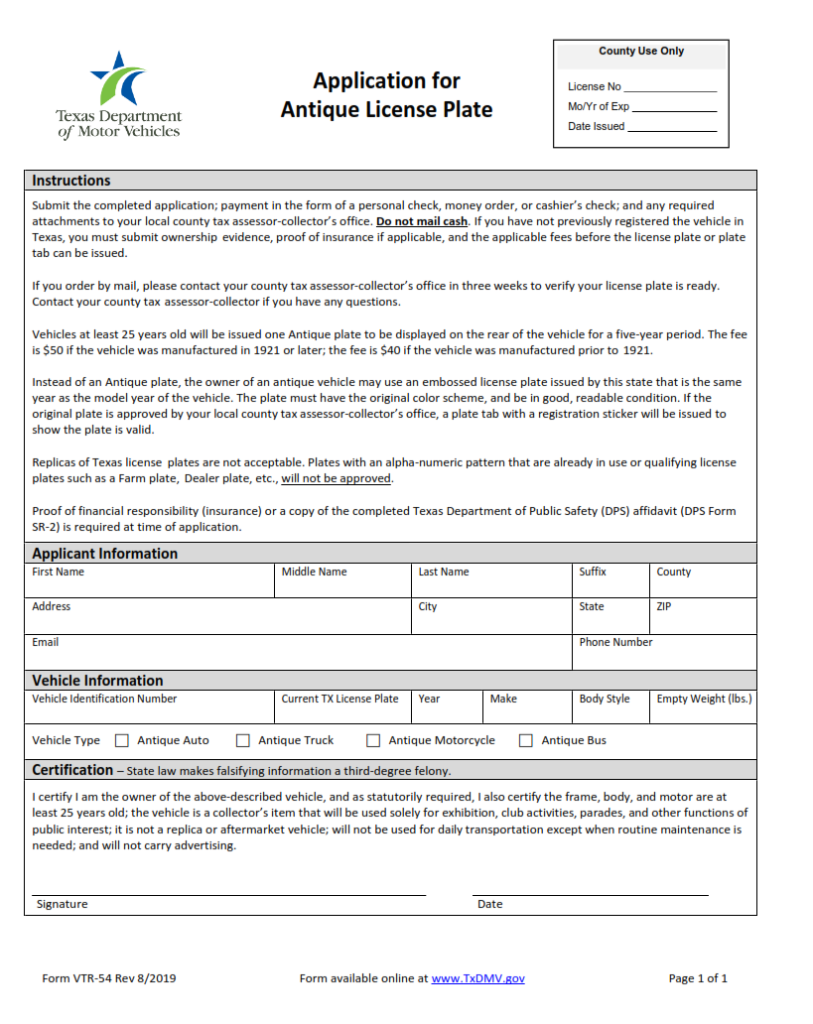 VTR-54 – Application For Antique License Plate | Origin Form Studio