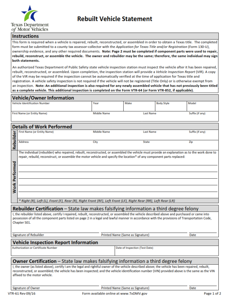 VTR-61 – Rebuilt Vehicle Statement | Origin Form Studio