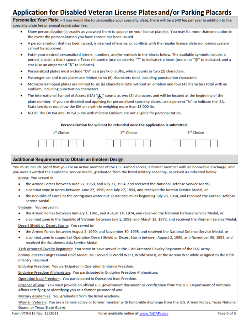 VTR-615 – Application for Disabled Veteran License Plates and Parking ...