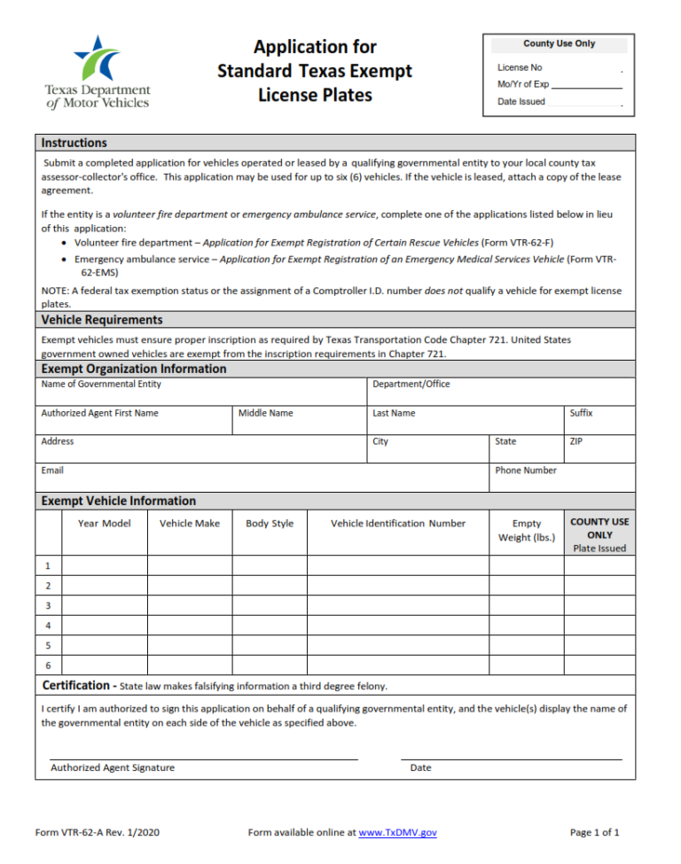 VTR-62-A – Application for Standard Texas Exempt License Plates ...