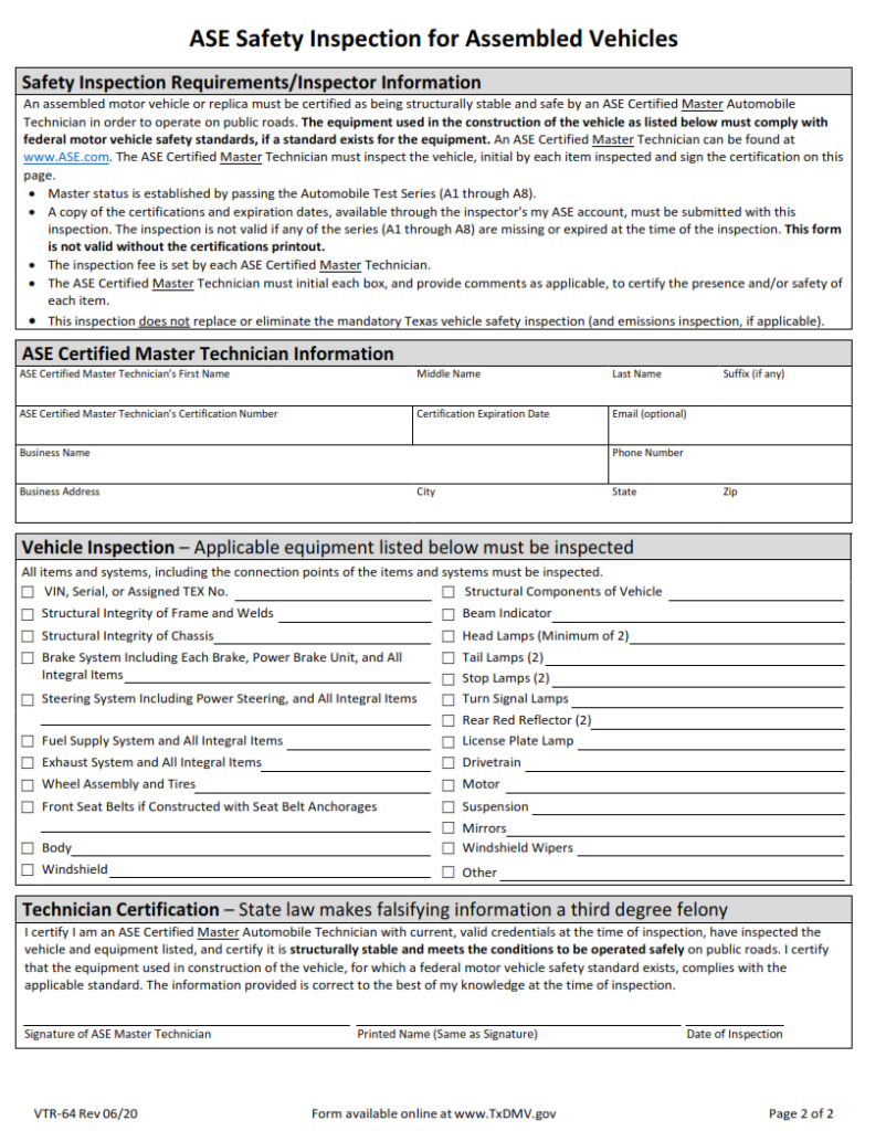 VTR-64 – ASE Safety Inspection For Assembled Vehicles | Origin Form Studio