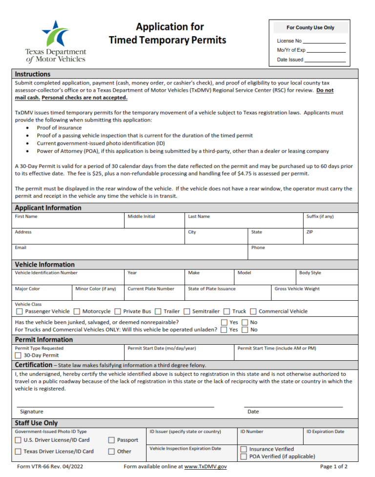 VTR-66 – Application for Timed Temporary Permits | Origin Form Studio