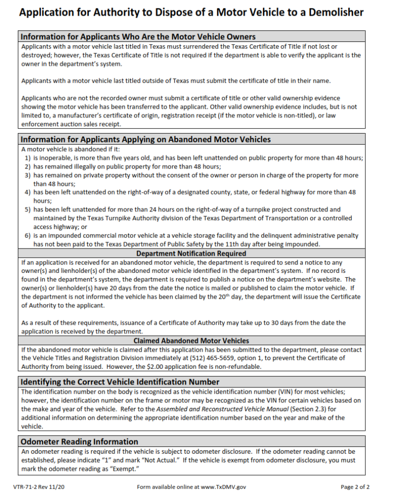 VTR-71-2 – Application For Authority To Dispose Of A Motor Vehicle To A ...