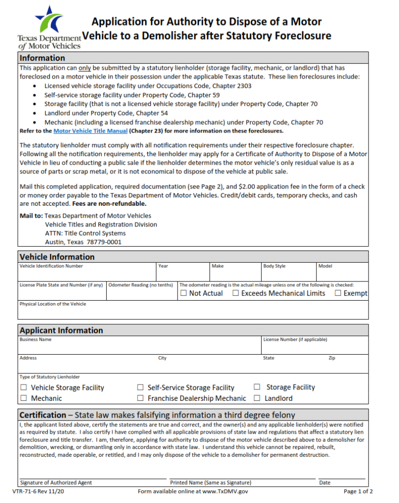 VTR-71-6 – Application for Authority to Dispose of an Abandoned ...