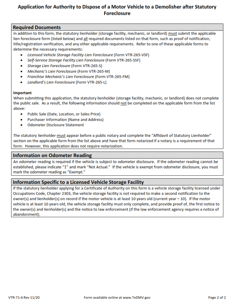 VTR-71-6 – Application for Authority to Dispose of an Abandoned ...