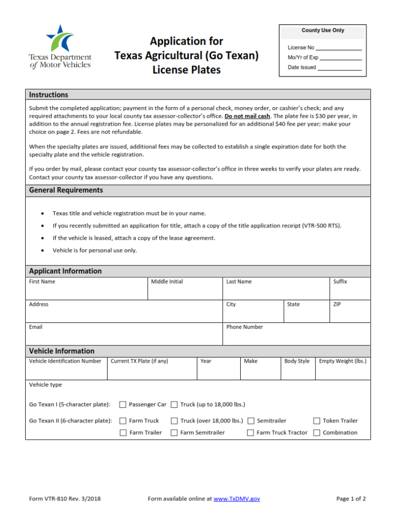 VTR-810 – Application for Texas Agricultural (Go Texan) License Plates ...