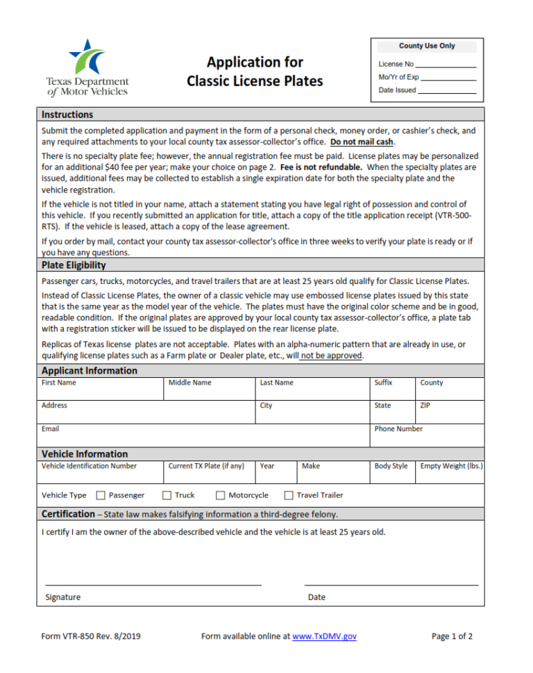 VTR-850 – Application For Classic License Plates | Origin Form Studio