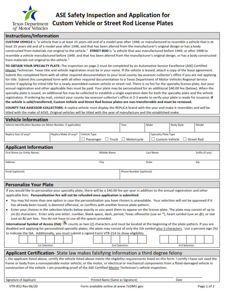 VTR-852 – ASE Safety Inspection and Application for Custom Vehicle or ...