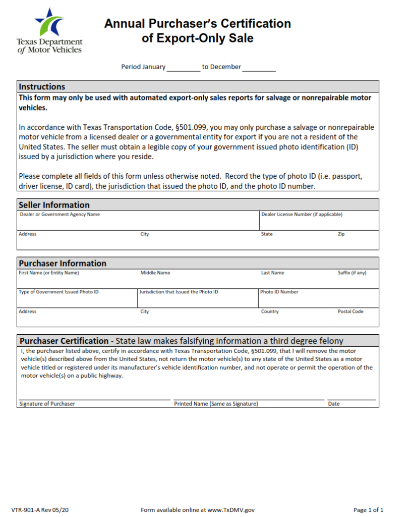 VTR-901-A – Annual Purchaser’s Certification Of Export-Only Sale ...