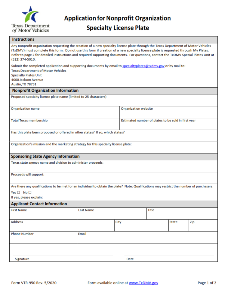 VTR-950 – Application for Nonprofit Organization Specialty License ...