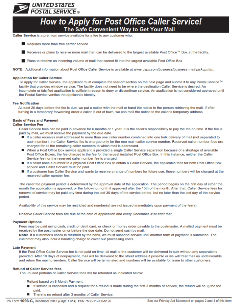 PS Form 1093-C – Application for Post Office Caller Service | Origin ...