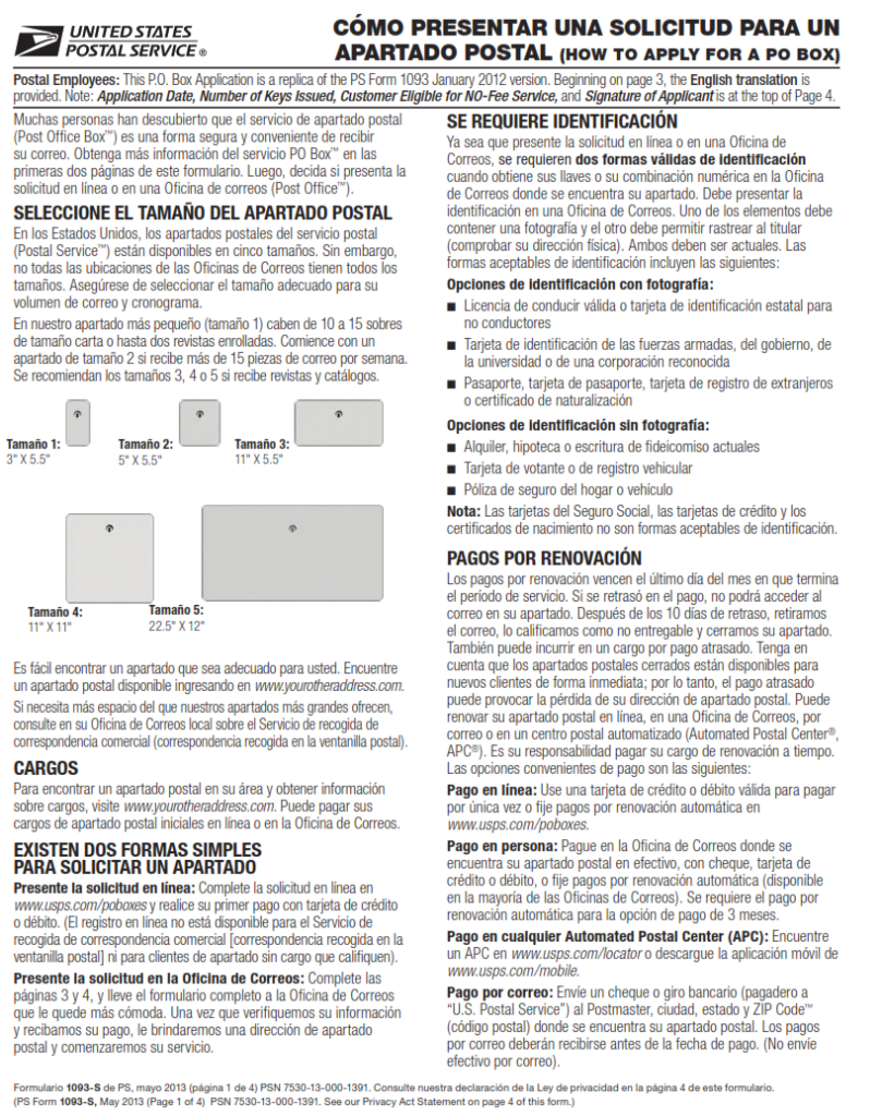 PS Form 1093-S – Application for Post Office Box Service (Spanish ...