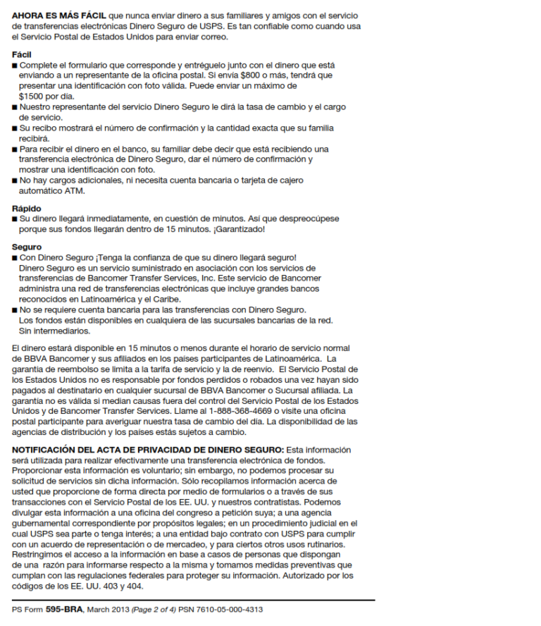PS Form 595-BRA – Dinero Seguro – Brochure and Application Form ...