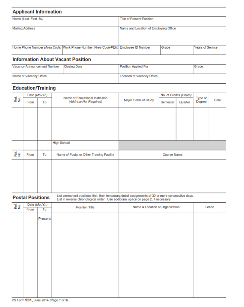 PS Form 991 – Application For Promotion or Assignment | Origin Form Studio