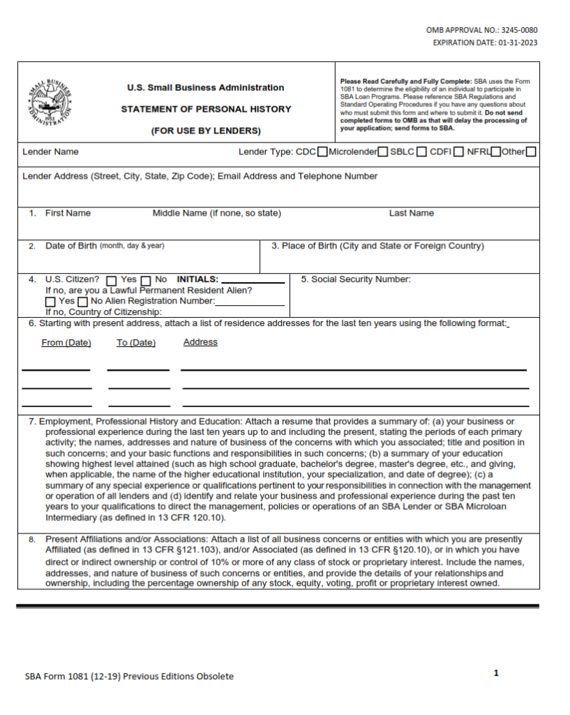 SBA Form 1081 – Statement of Personal History | Origin Form Studio