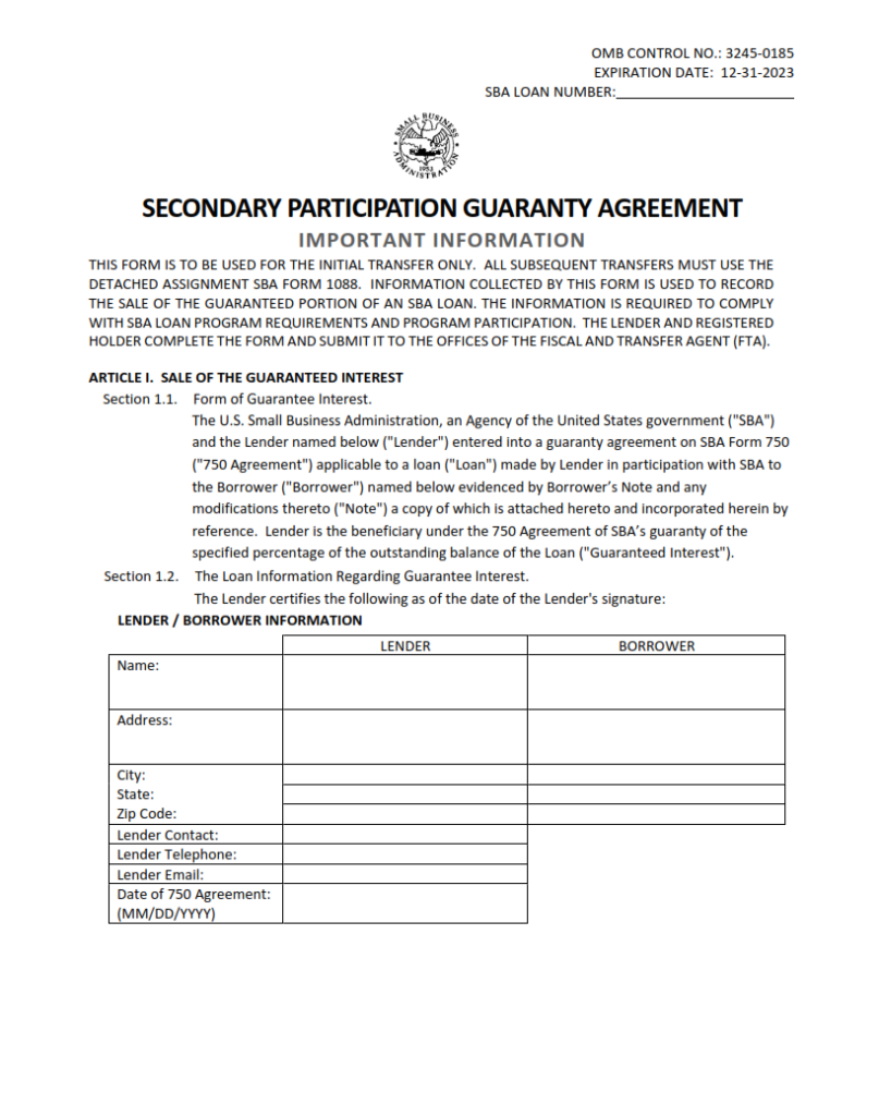 SBA Form 1086 – Secondary Participation Guarantee Agreement | Origin ...