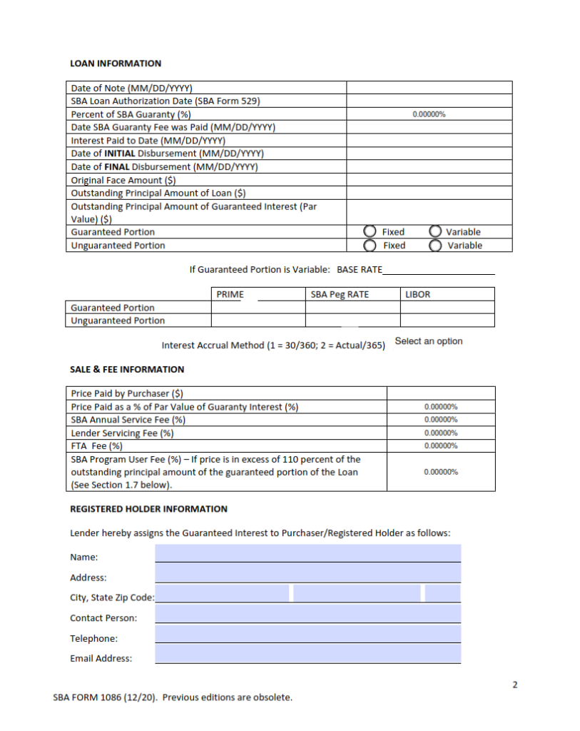 SBA Form 1086 – Secondary Participation Guarantee Agreement | Origin ...