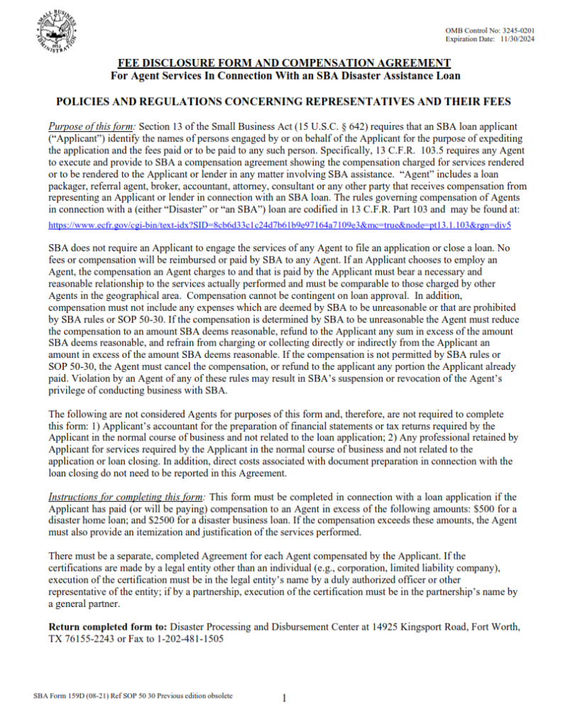 SBA Form 159D – Fee Disclosure Form and Compensation Agreement | Origin ...