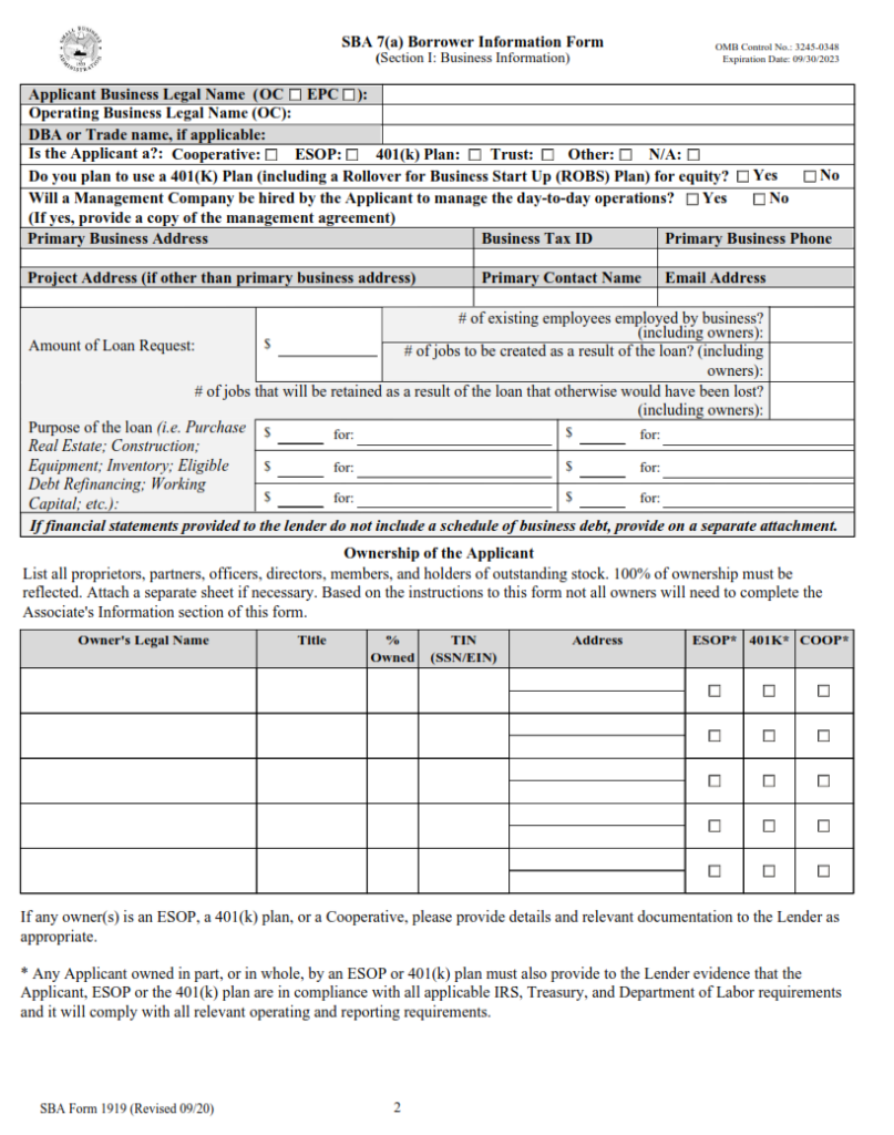 SBA Form 1919 – Borrower Information Form | Origin Form Studio