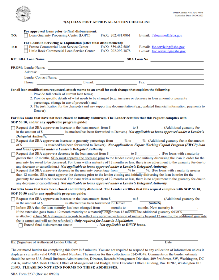 SBA Form 2237 – 7(a) Loan Post Approval Action Checklist | Origin Form ...