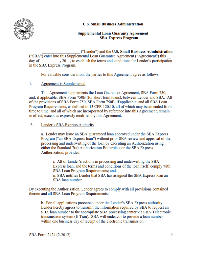 SBA Form 2424 – Supplemental Loan Agreement SBA Express Program ...